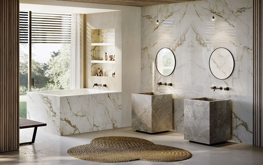Extra-large stoneware slabs for bathroom walls | Optimum Surfaces